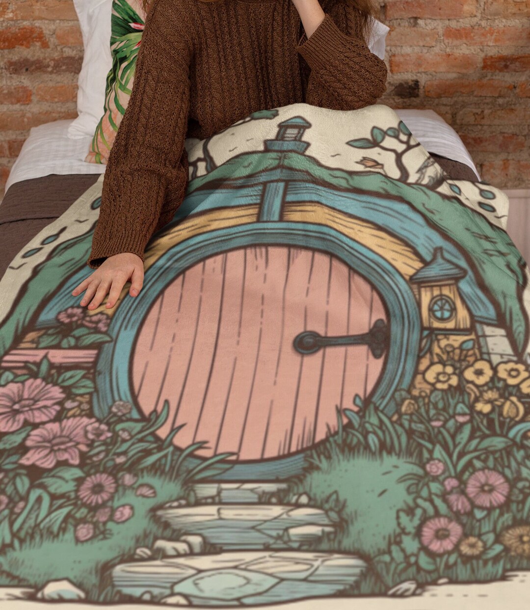 Pink Rainbow Cottagecore Fairy Door Sherpa Fleece Blanket, Pastel ...