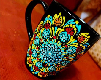 Mandala Mug, Hand Painted Dot Art, Dot Mandala, Green, Gold, Painted ...