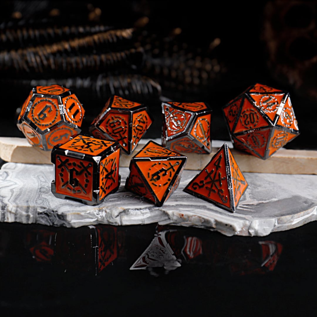 Holy Swords Metal Dice Set | Orange/silver | 7 Piece Gift Set ...