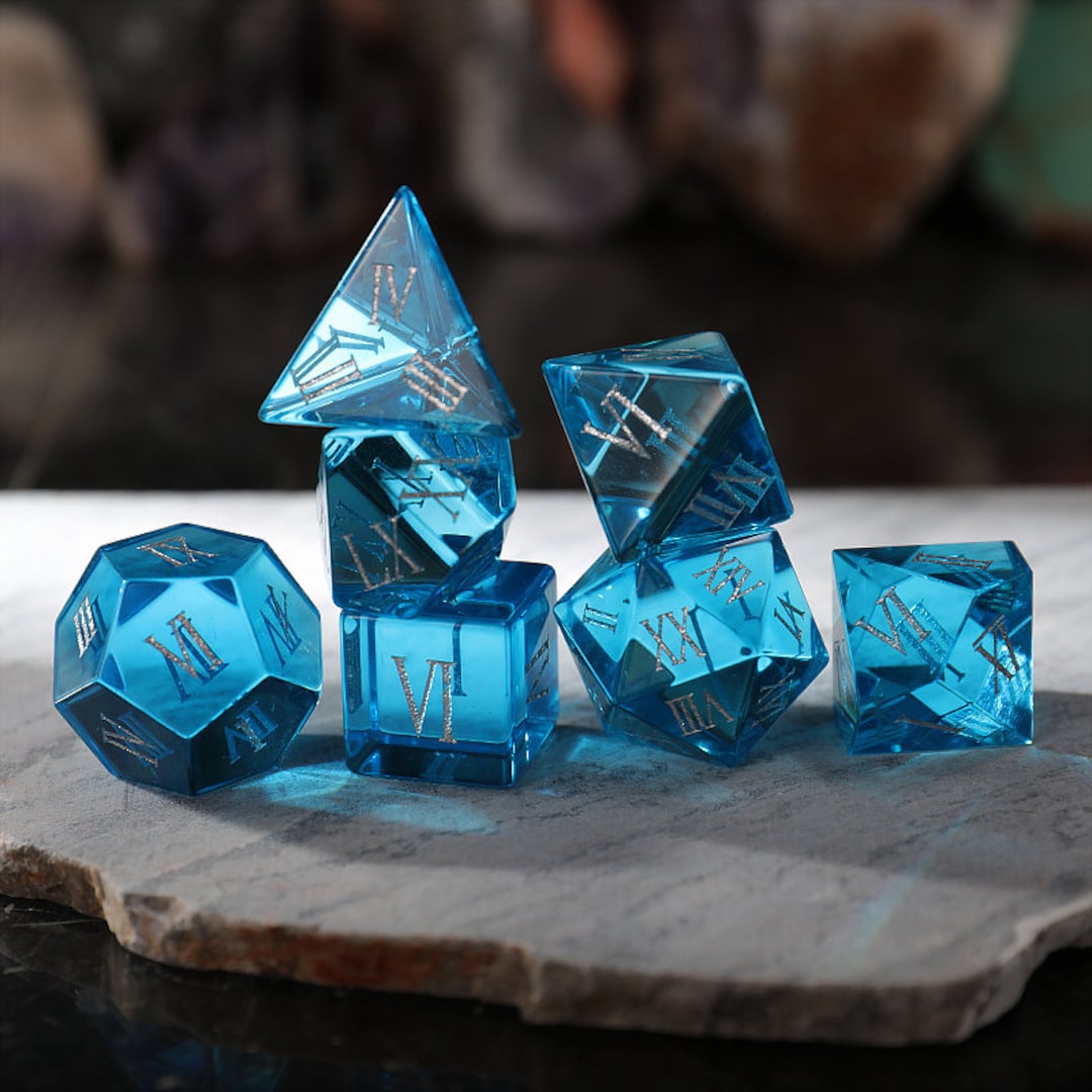 K9 Glass Blue Roman Font Dice Set | D&D Dice Gift Set | 7 Piece ...