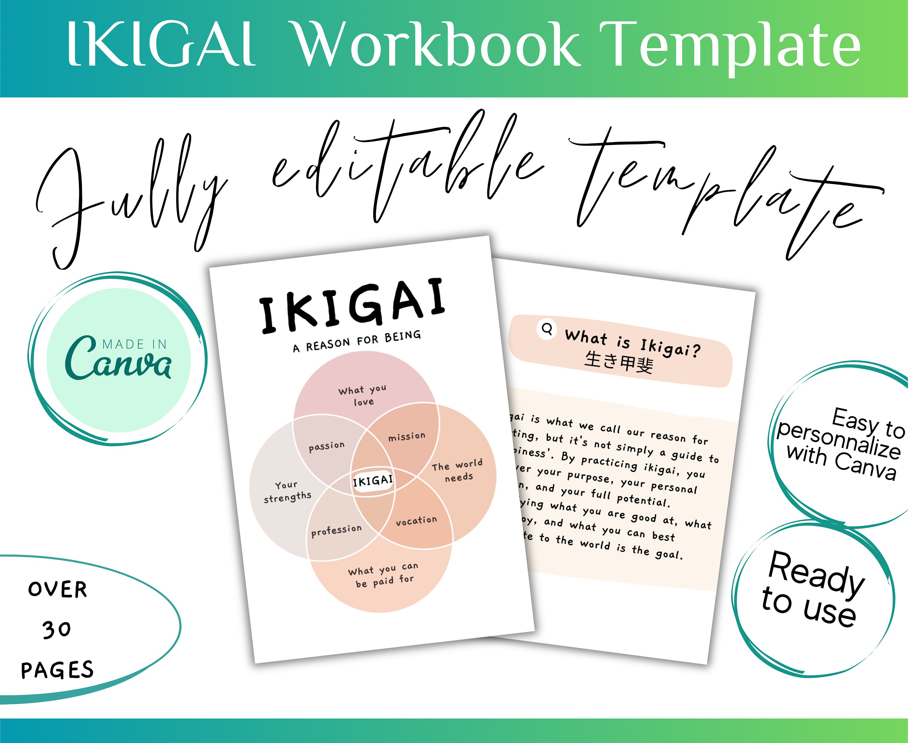 Ikigai Workbook | Ikigai Worksheet | Ikigai Planner | Ikigai | Ikigai Template | Self Care ...
