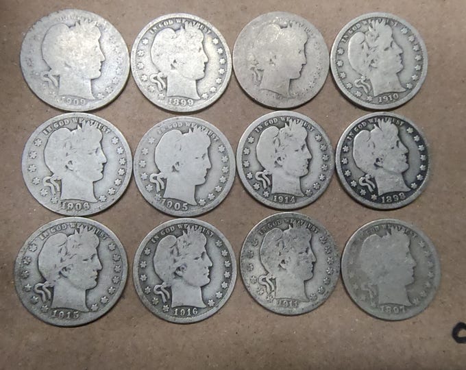 12 Barber Quarters Silver All Different Full Dates Actual Coins in ...