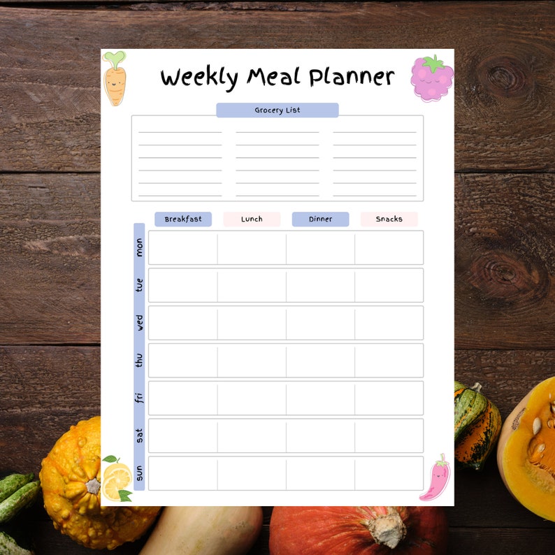 Weekly Meal Planner, Adorable Printable Meal Page, Grocery List ...