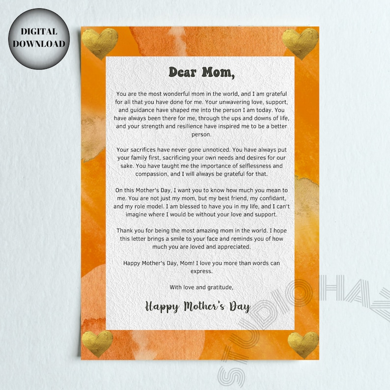 Letter to Mom, Personalised Printable Mom Letter, Digital Letter for ...