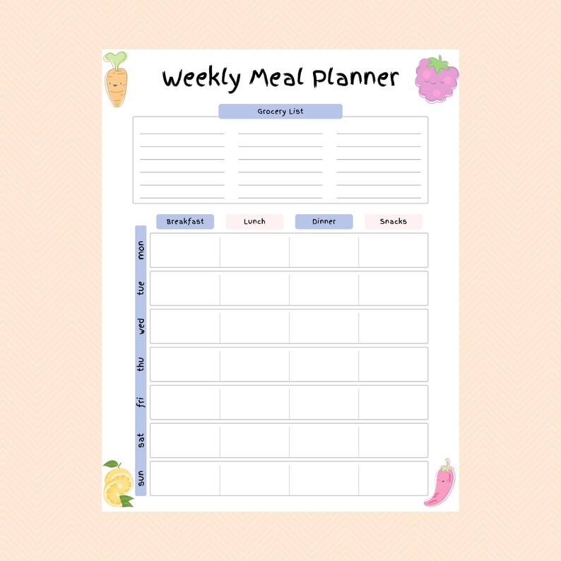 Weekly Meal Planner, Adorable Printable Meal Page, Grocery List ...