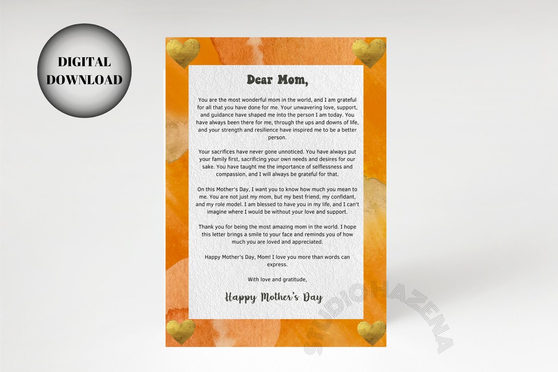 Letter to Mom, Personalised Printable Mom Letter, Digital Letter for ...