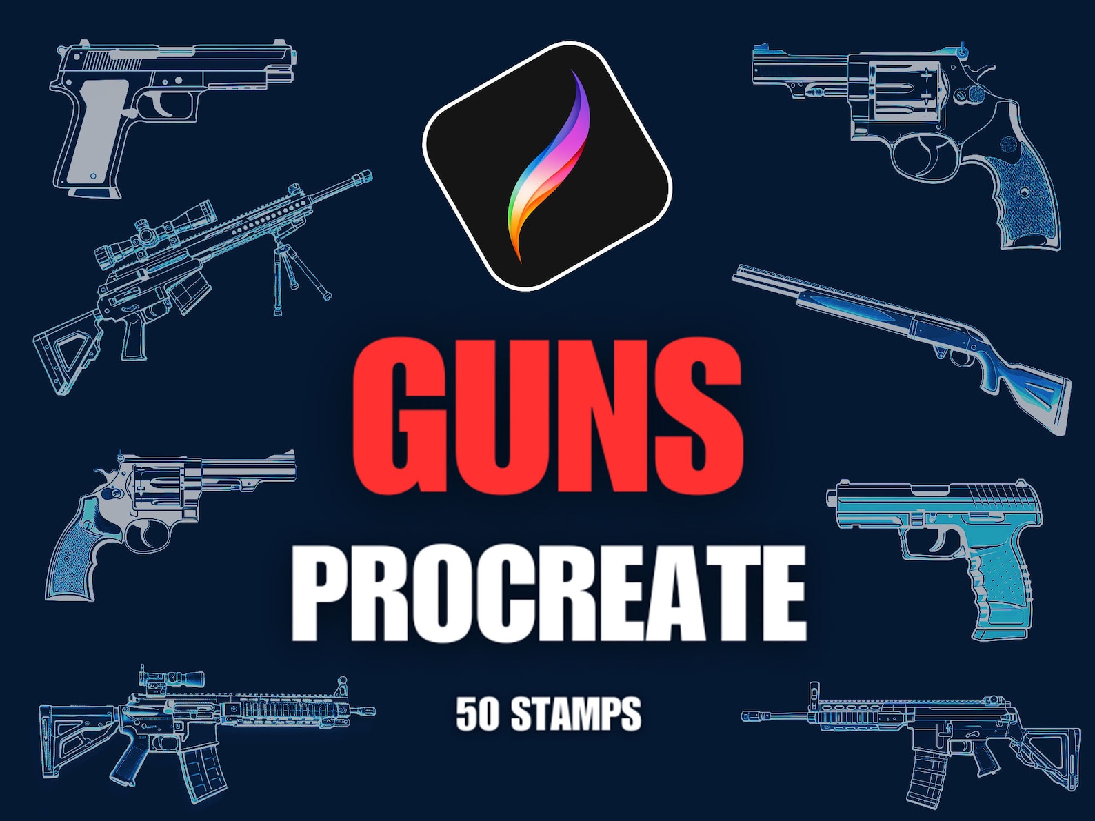 Procreate - 50 Guns - Gun Stamps, Pistol, Revolver, Rifle, Guns ...