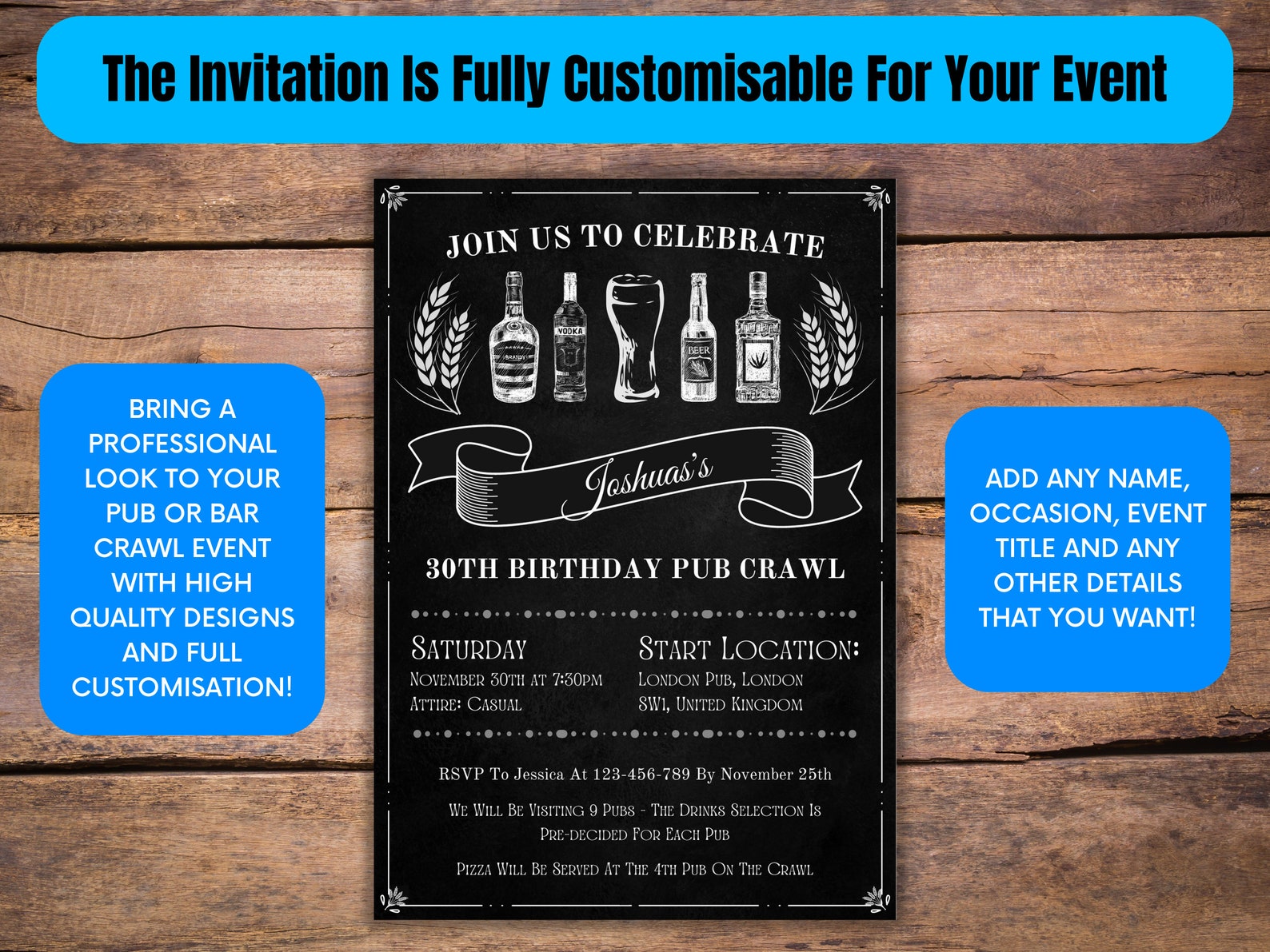 Custom Pub Crawl Invitations and Checklist for the Ultimate Party or Night Out With Friends Pub ...