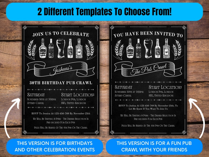 Custom Pub Crawl Invitations and Checklist for the Ultimate Party or Night Out With Friends Pub ...