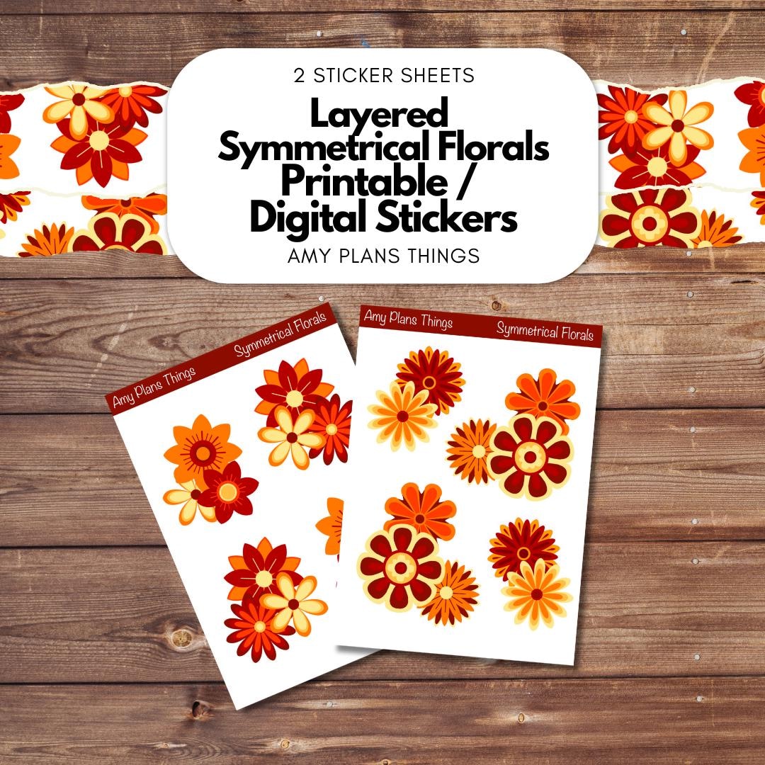 Printable Stickers - Layered Symmetrical Florals | Orange Red | Digital ...