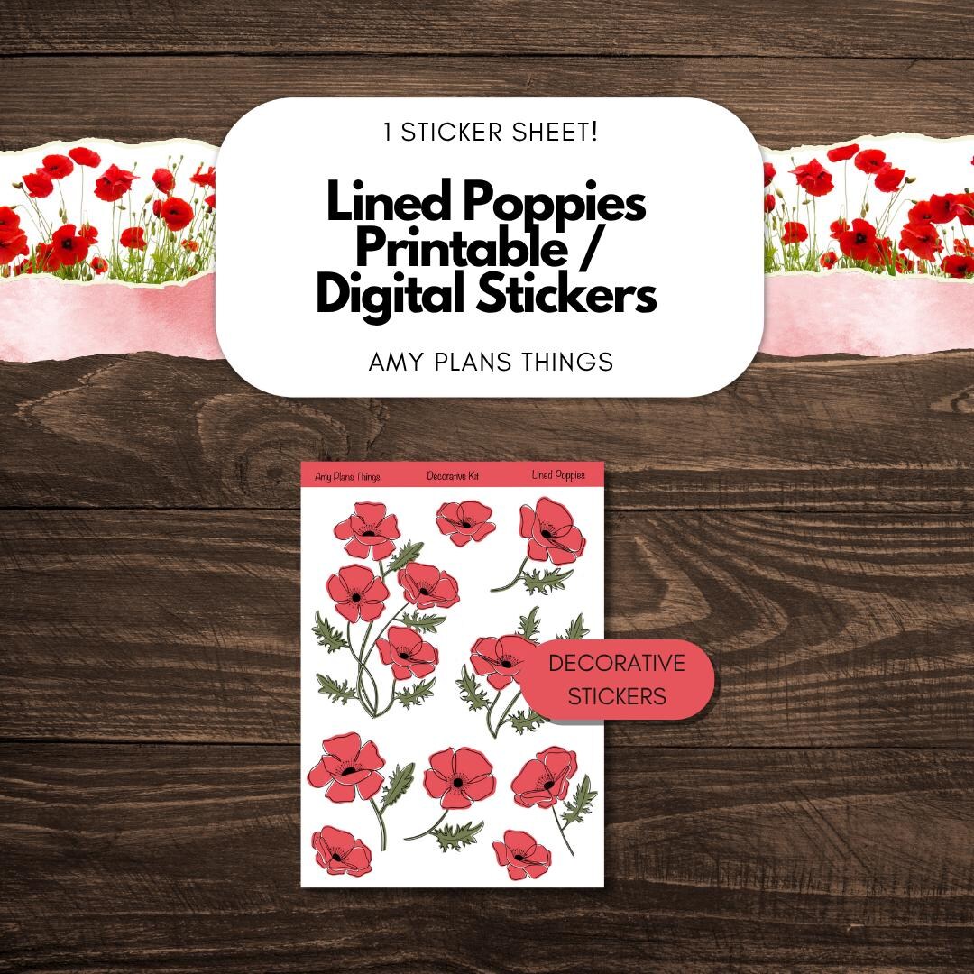 Printable Stickers - Lined Poppies Theme | Digital Download Stickers ...