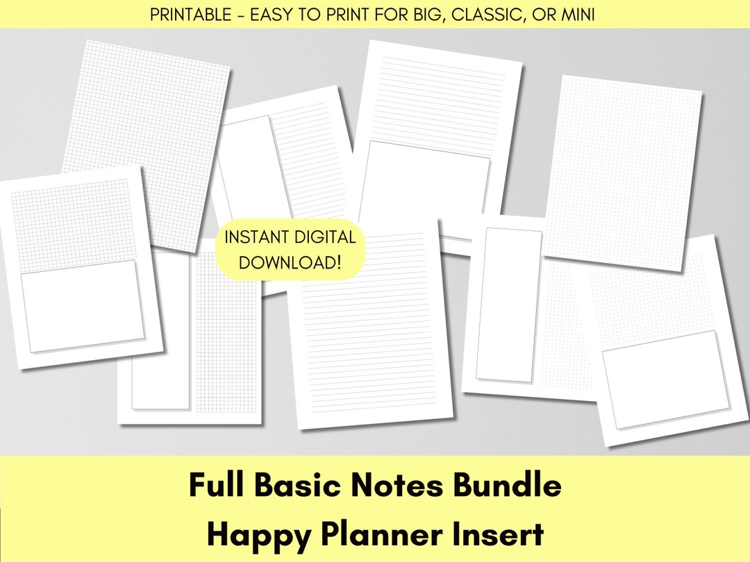 Full Basic Notes Bundle PRINTABLE Planner Insert for Happy Planner | 9 ...