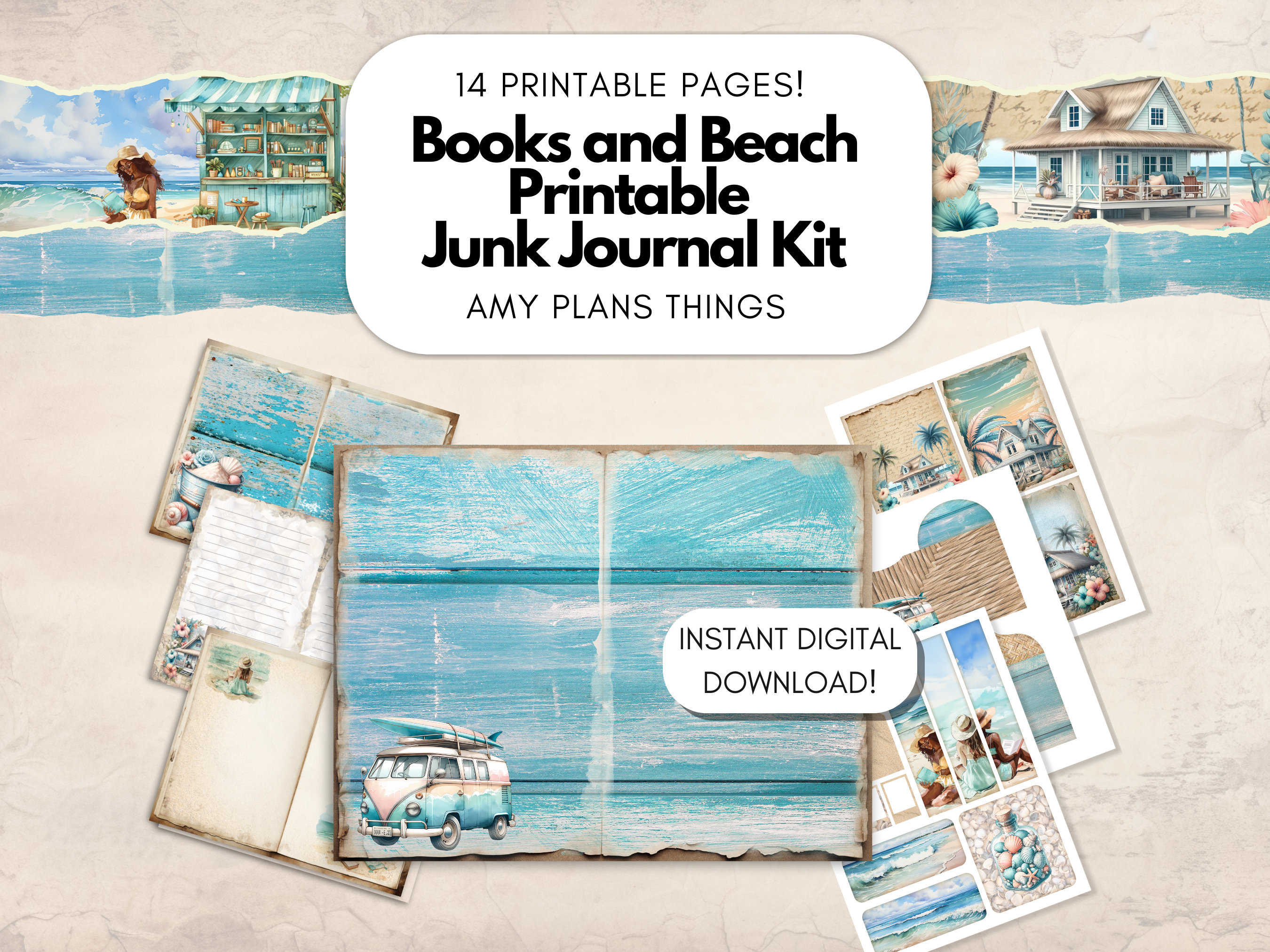 Books and Beach Junk Journal Kit Digital Download, Printable Pages ...