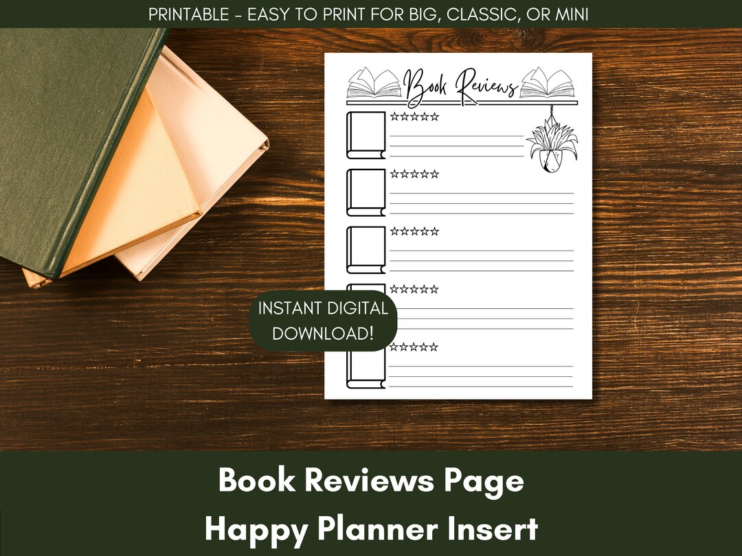 Book Reviews PRINTABLE Planner Insert for Happy Planner Book Review ...