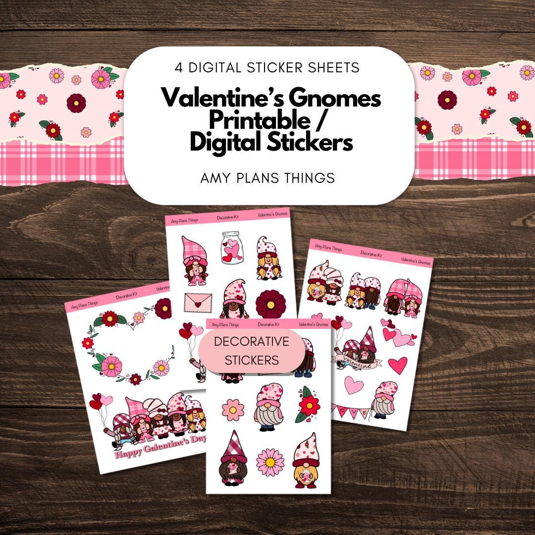 Printable Stickers - Valentine Gnome Theme | Digital Download Stickers ...
