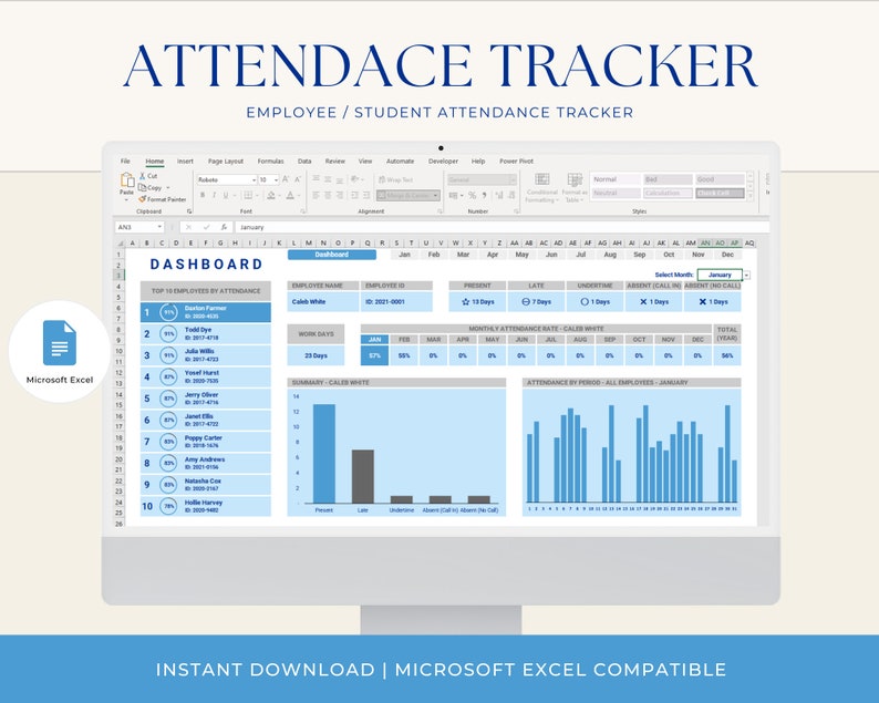 Attendance Tracker: Employee/student Excel Spreadsheet (digital ...