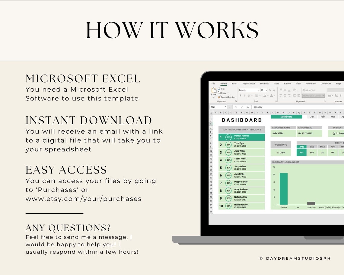 Attendance Tracker: Employee/student Excel Spreadsheet (digital ...