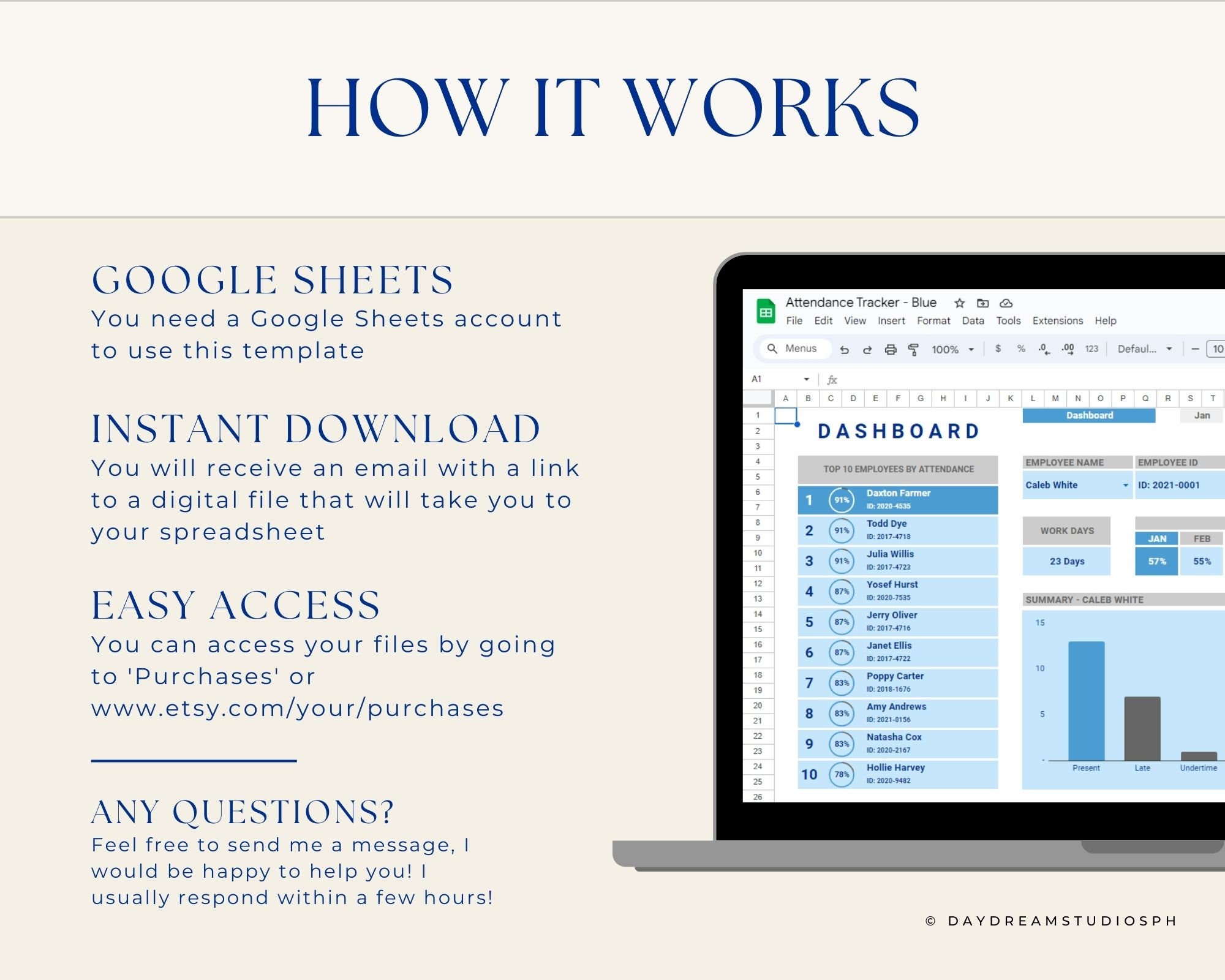 Attendance Tracker Spreadsheet: Employee/student, Automated Dashboard ...