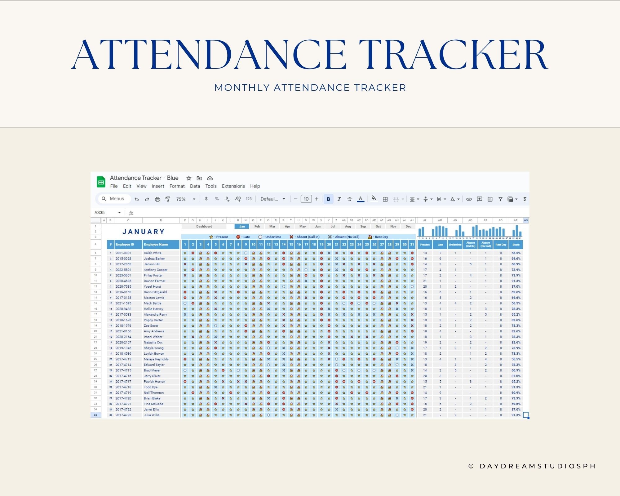Attendance Tracker Spreadsheet: Employee/student, Automated Dashboard ...