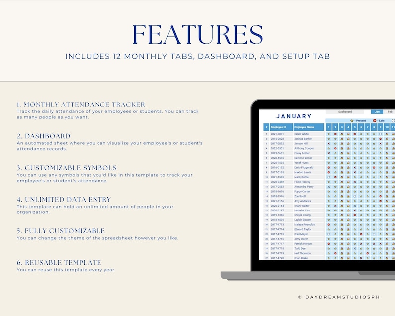 Attendance Tracker Spreadsheet: Employee/student, Automated Dashboard ...