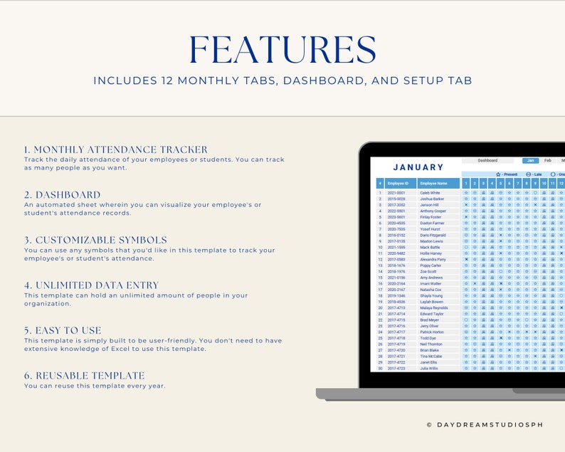 Attendance Tracker: Employee/student Excel Spreadsheet (digital ...