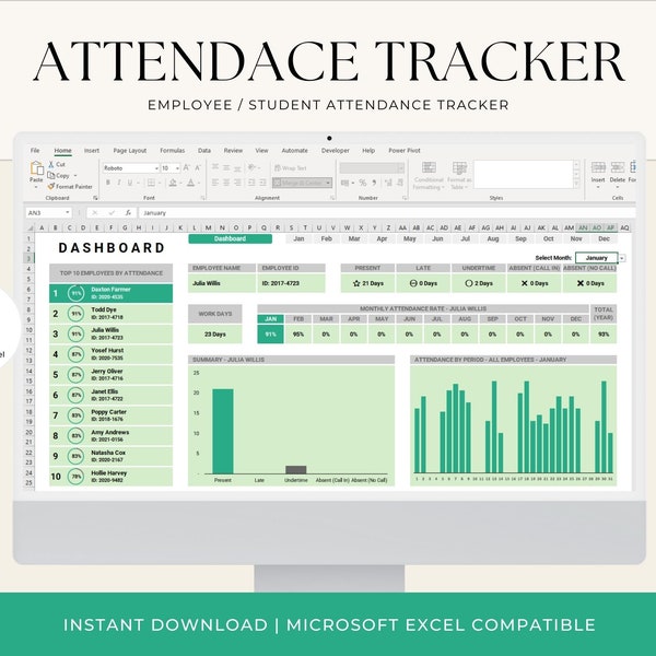 Excel Student Attendance Tracker - Etsy