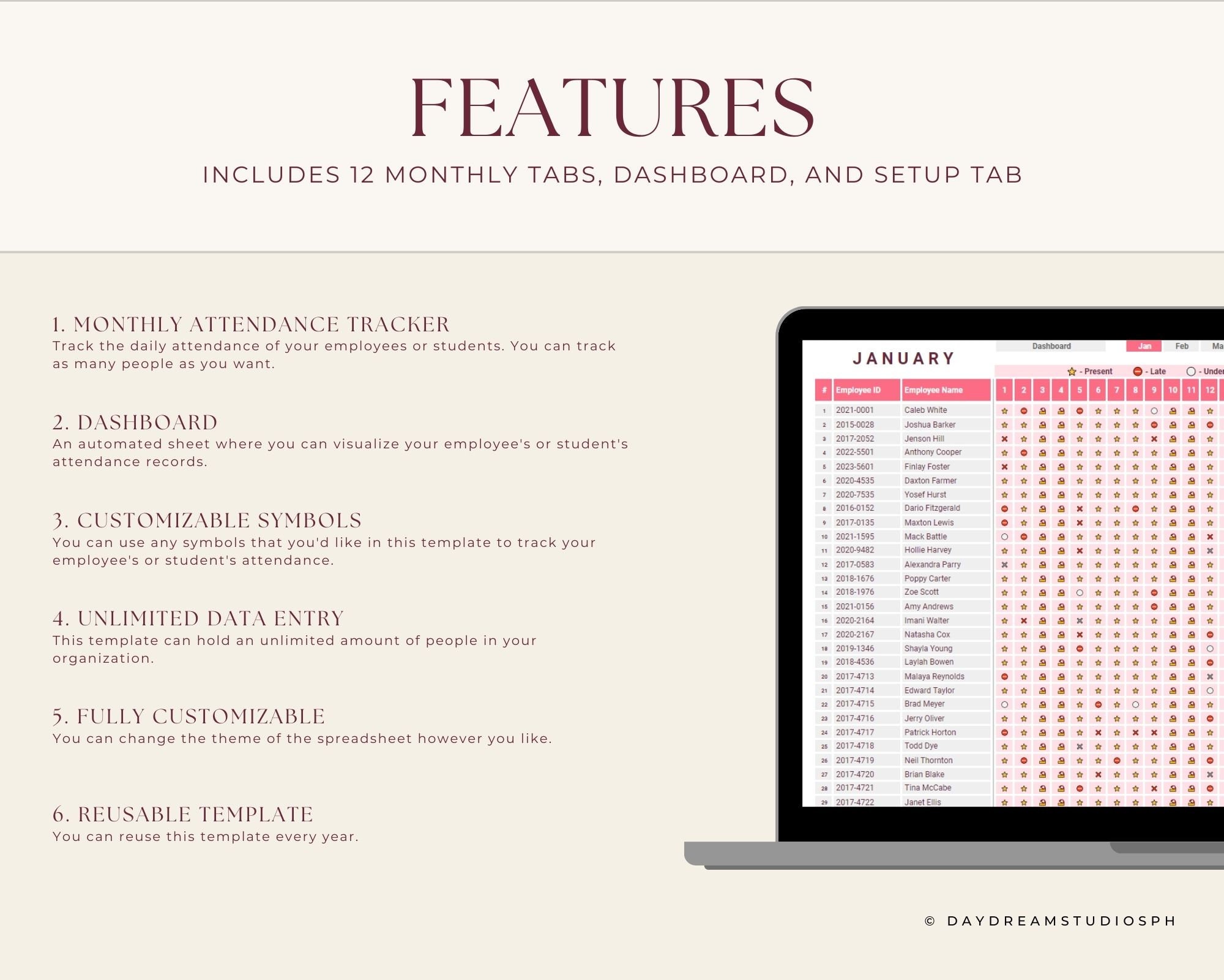 Employee/student Attendance Tracker: Editable Google Sheet (digital ...