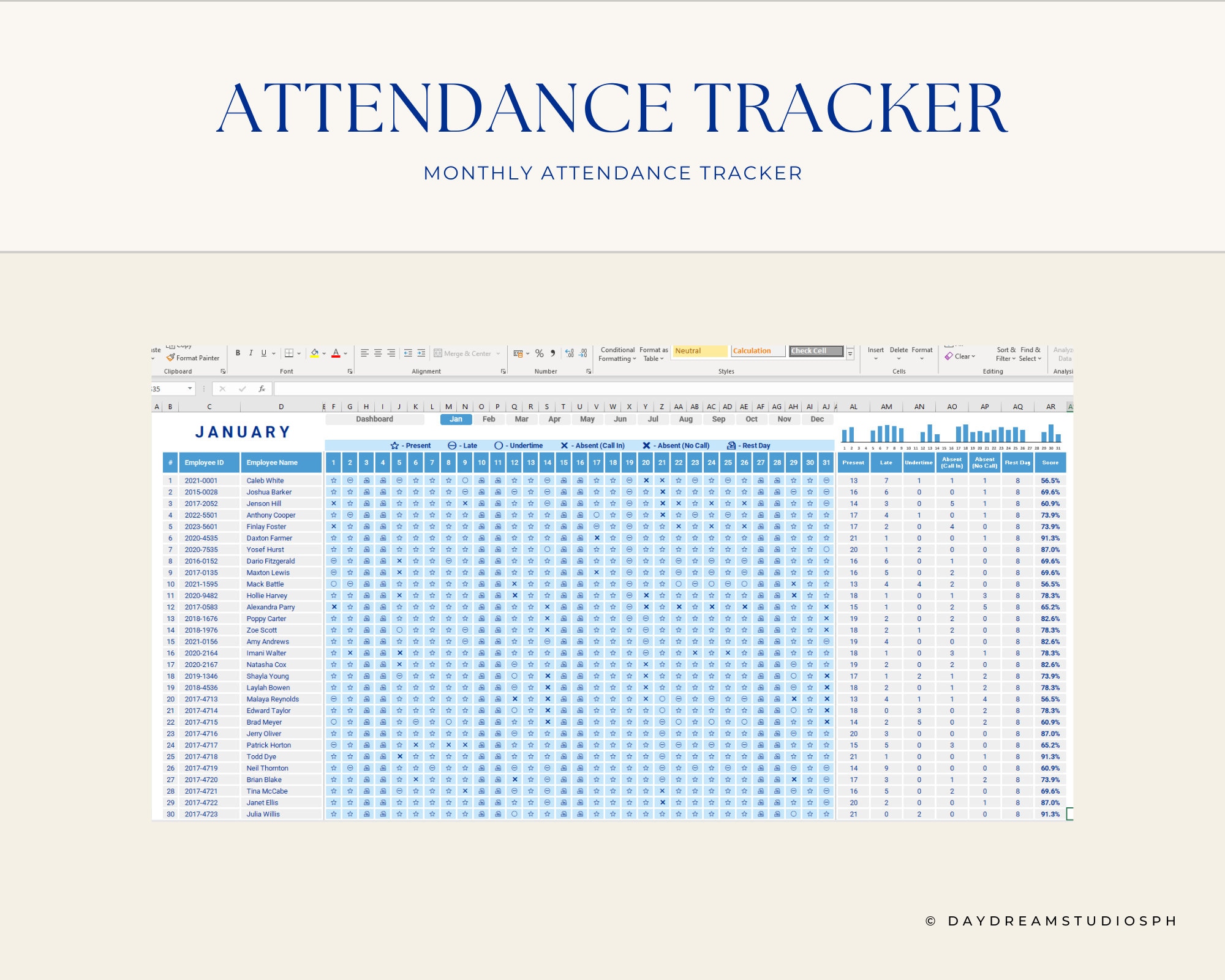 Attendance Tracker: Employee/student Excel Spreadsheet (digital ...