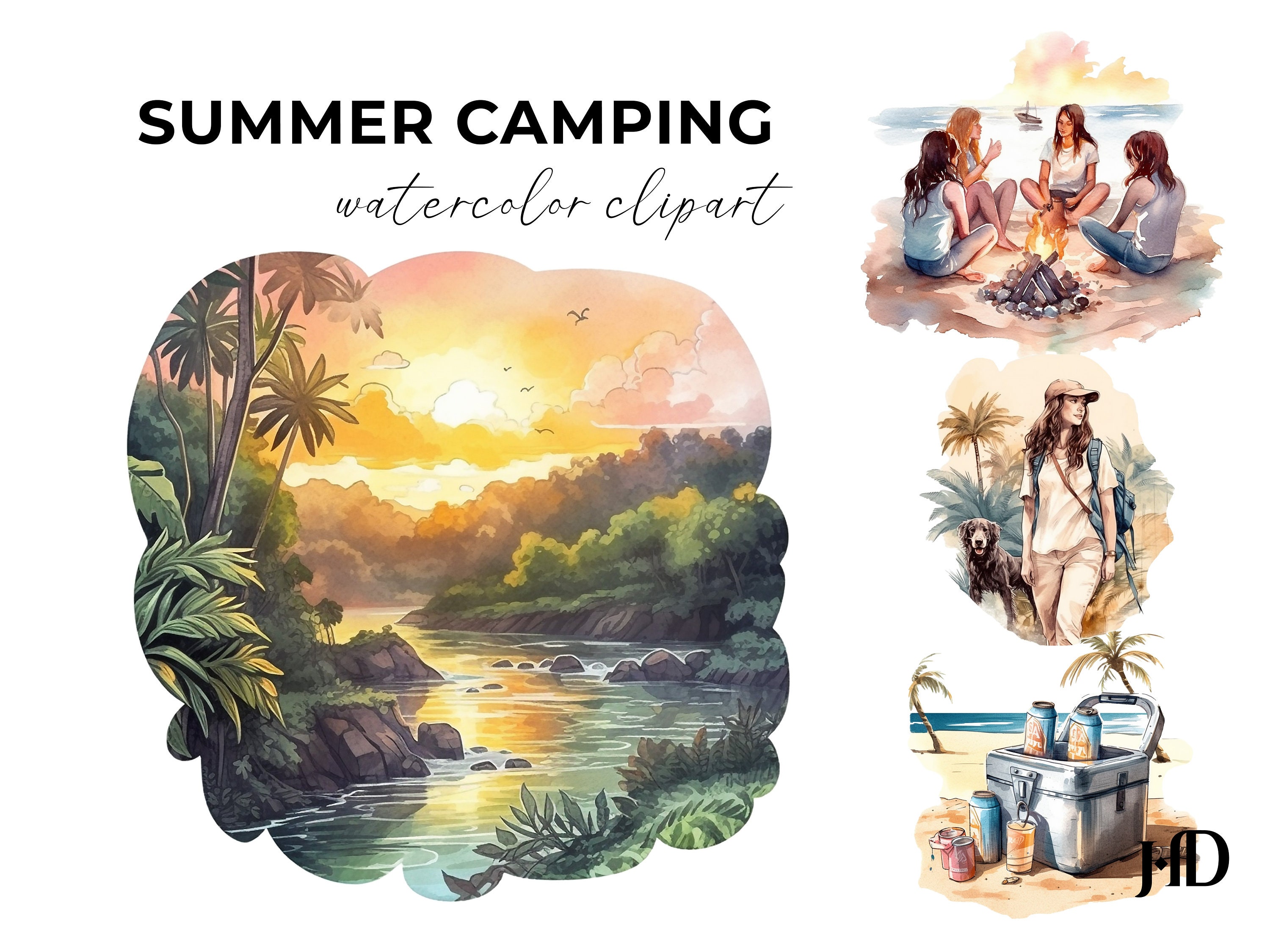 Camping Watercolor Pngs, Summer Outdoor Activities Clip Art for ...