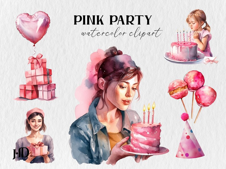 Watercolor Birthday Party PNG Clip Art, Pink Printable Party ...