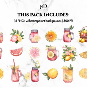 Watercolor Pink Lemonade Party Clip Art, Lemonade and Lemons Clip Art ...