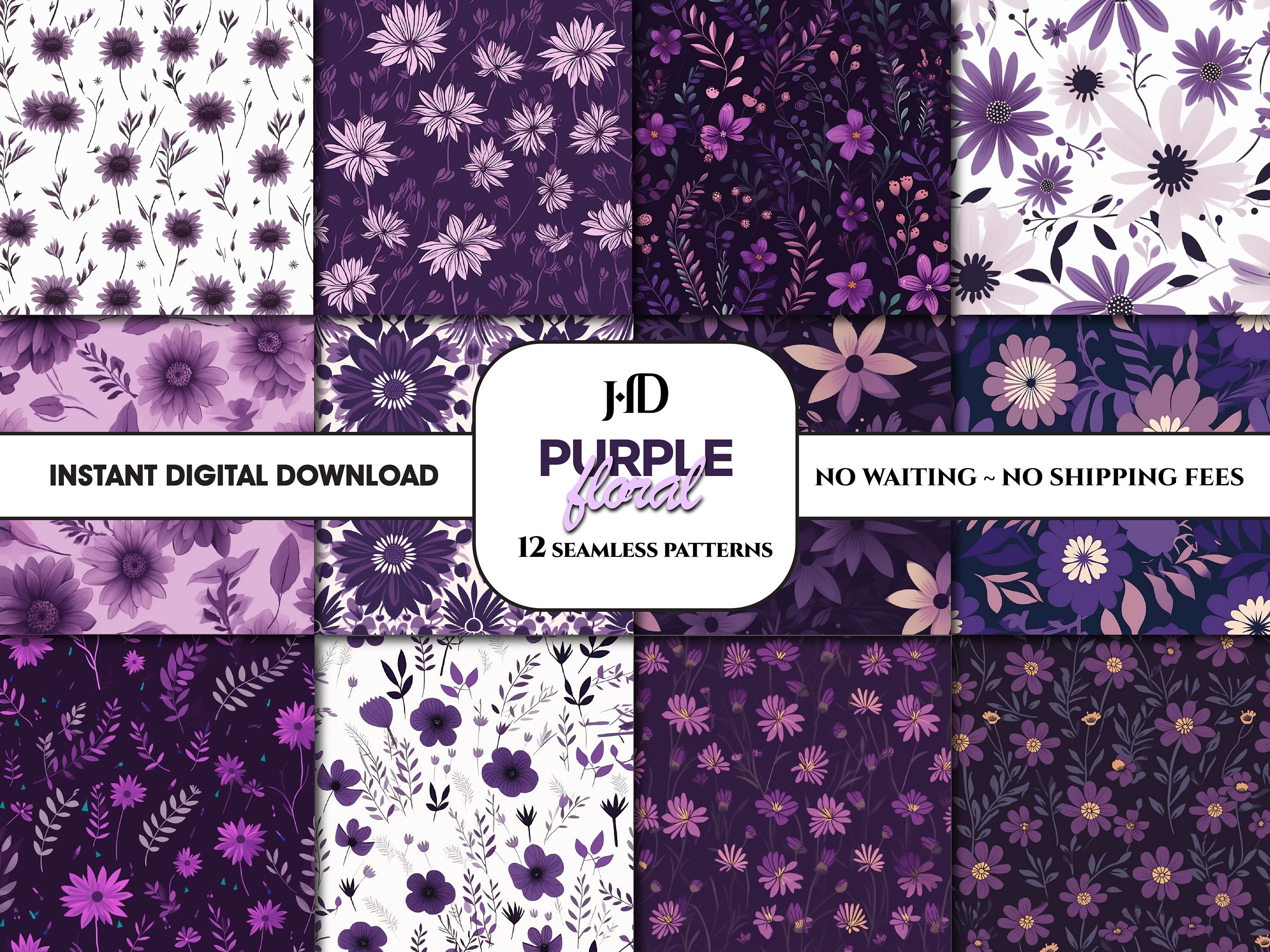 12 Floral Boho Purple Seamless Patterns for Commercial Use, Printable ...