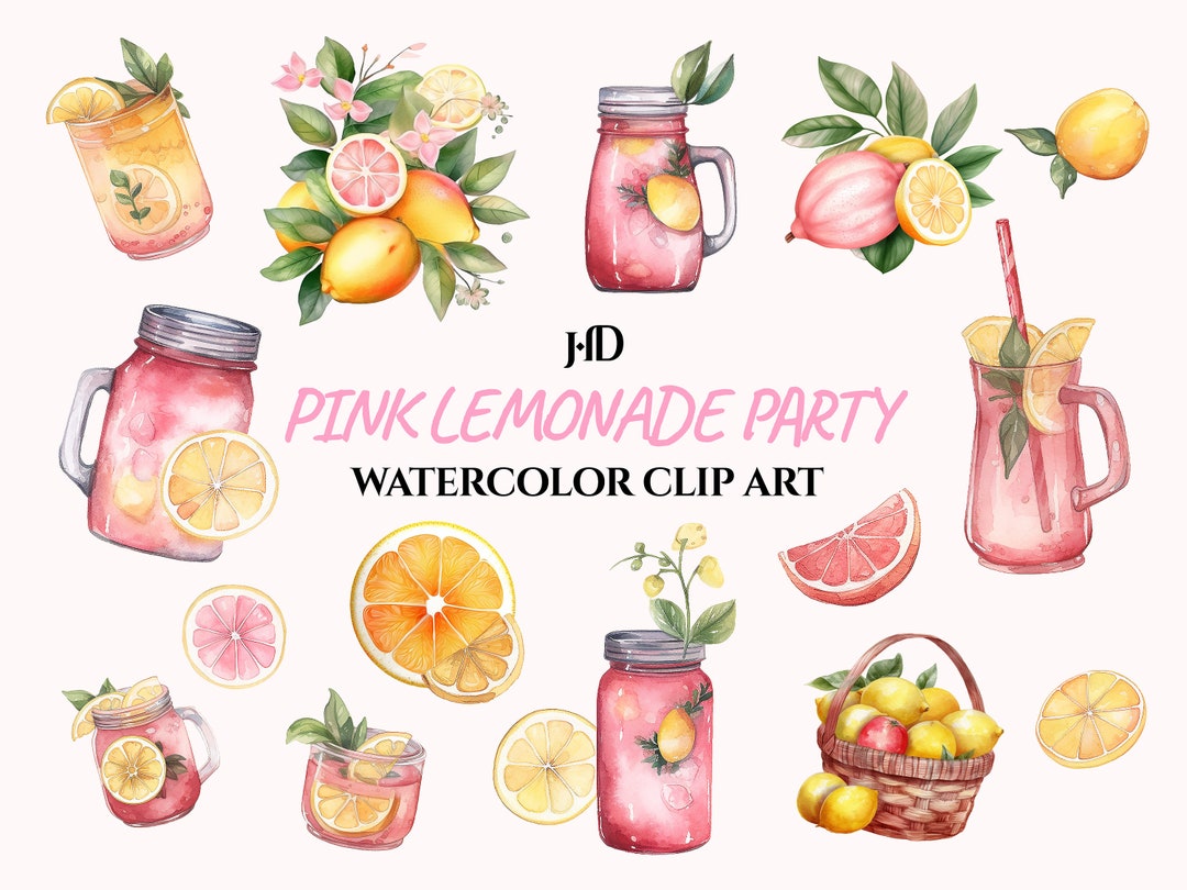 Watercolor Pink Lemonade Party Clip Art, Lemonade and Lemons Clip Art ...