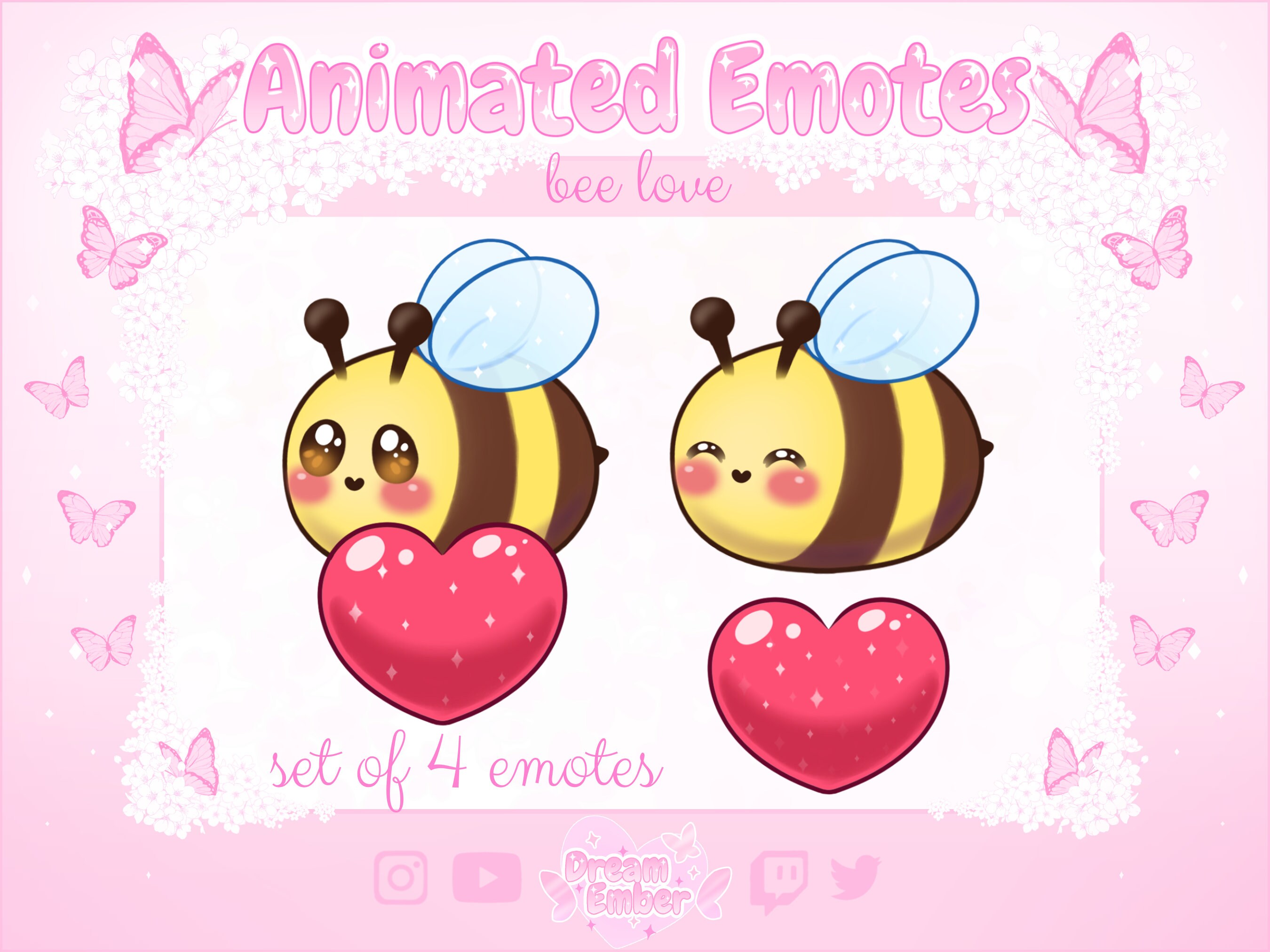 Cute Bee Animated Emotes Twitch Love Heart Emote Pack Honey Bee Alerts ...