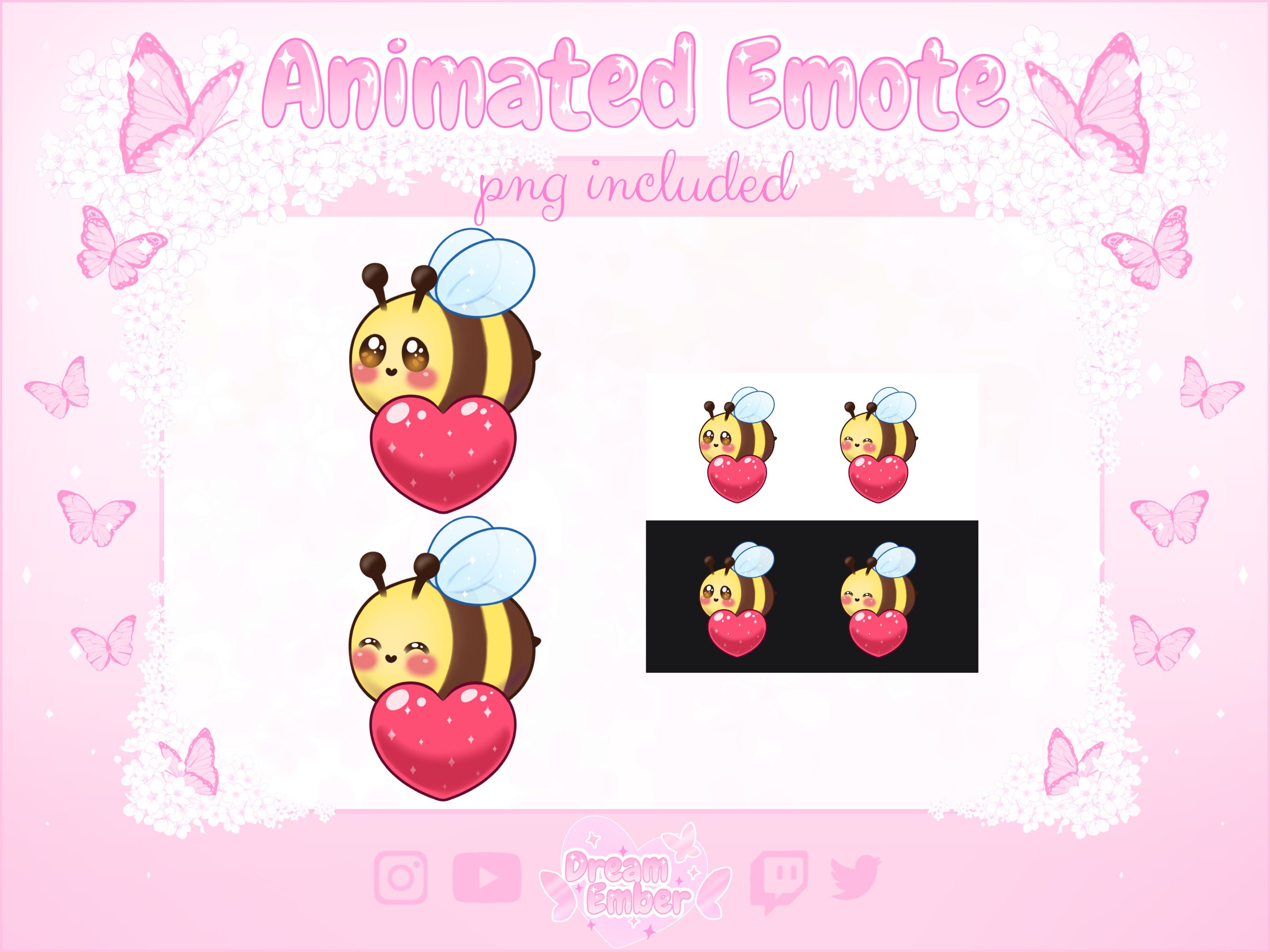 Cute Bee Animated Emotes Twitch Love Heart Emote Pack Honey Bee Alerts ...