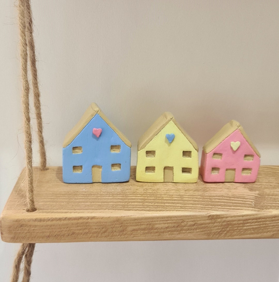 Set of 3 Miniature Rustic Cottages Clay Ornaments Hand Painted House ...