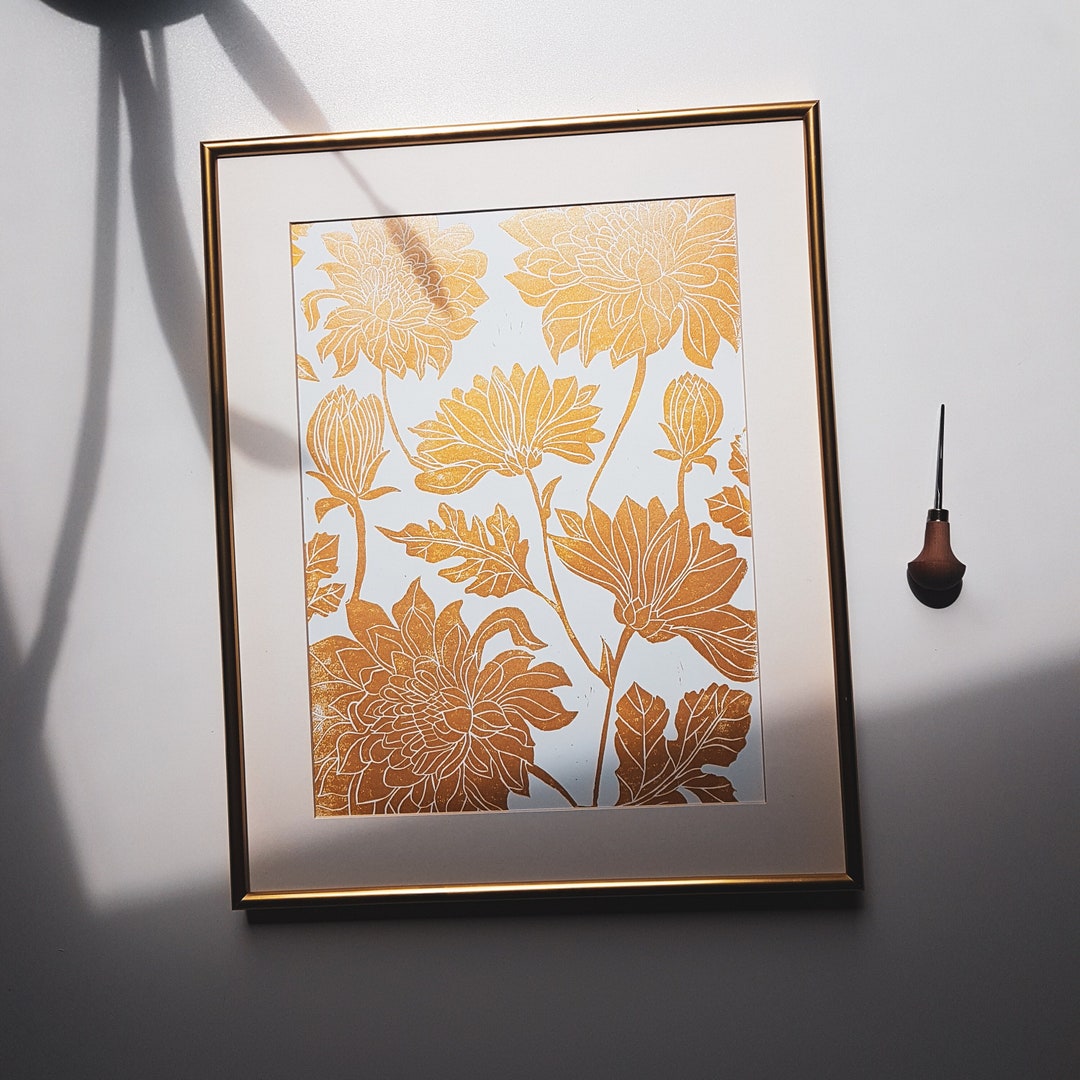 Large Linocut Original Lino Print DIN A3 Flowers Gold - Etsy