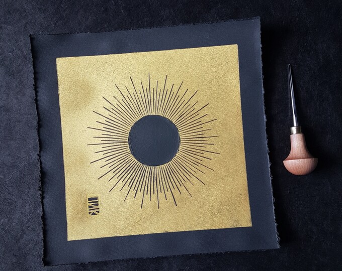 Original Lino Print Sun Gold Paint on High-quality, Black Handmade ...