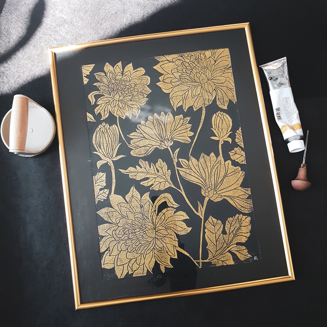 Large Linocut Original Lino Print DIN A3 Flowers Gold - Etsy