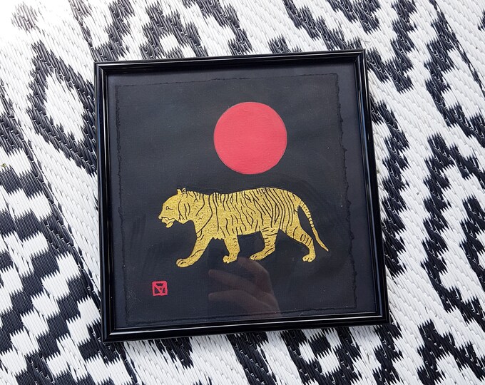 Tiger Moon Linocut | Handmade Lino Print on High-quality, Black ...