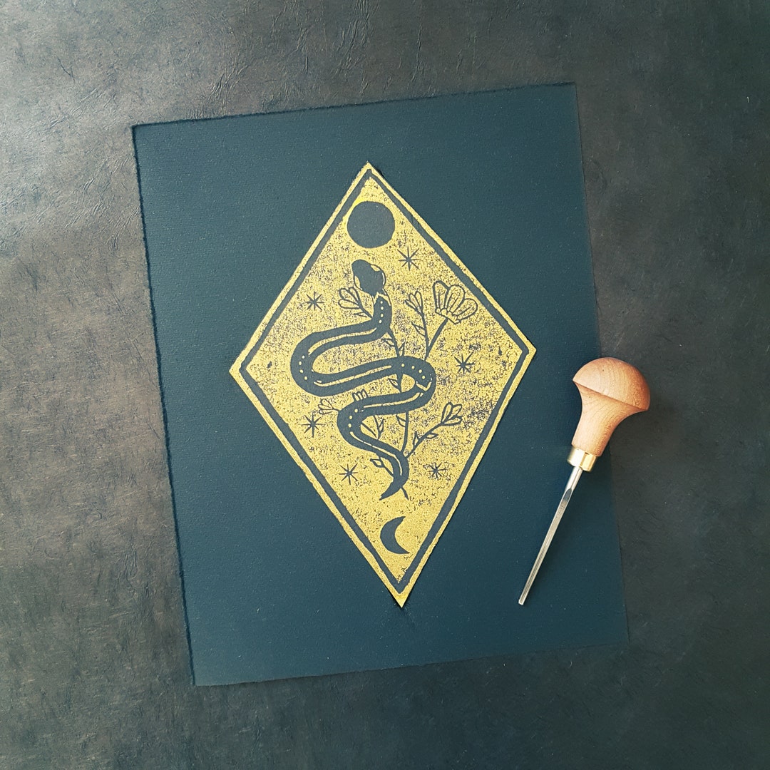Linocut Handmade Original Linocut Snake Gold Color on - Etsy