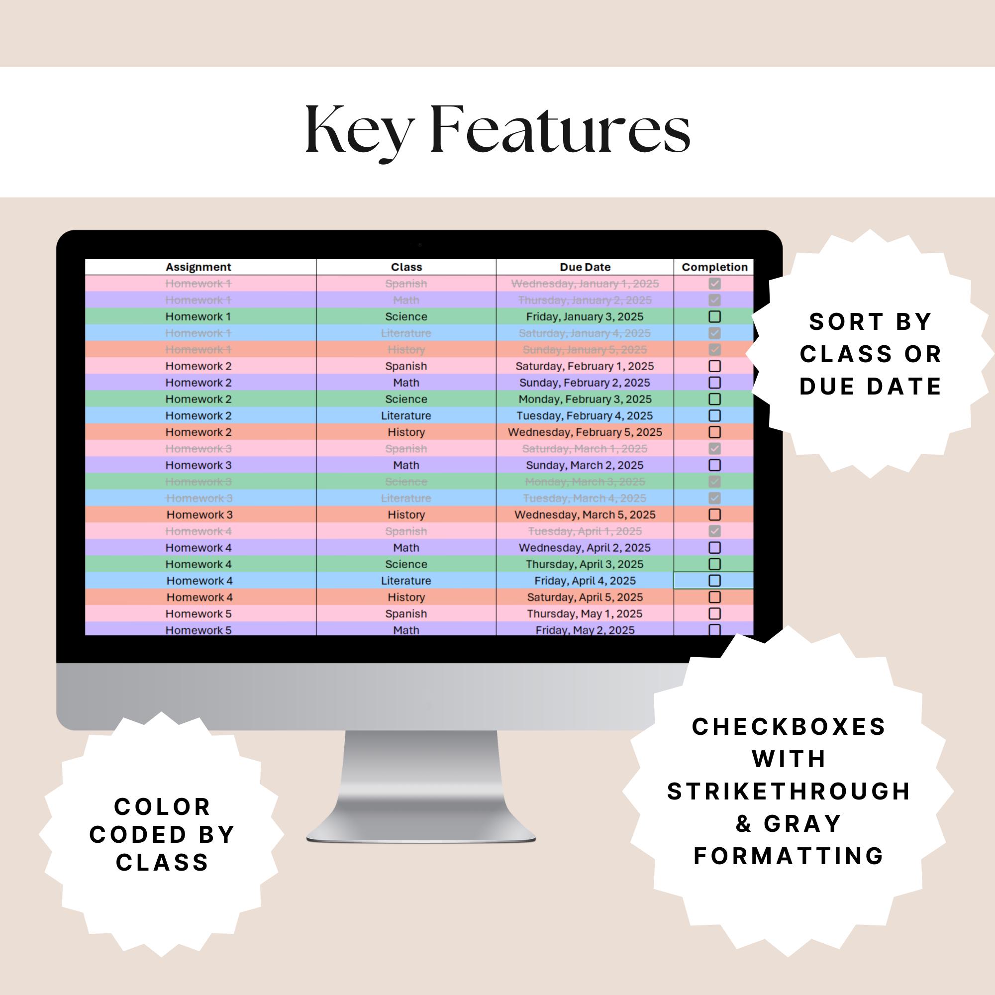 School Assignment Tracker: Color-coded Excel Spreadsheet (digital ...