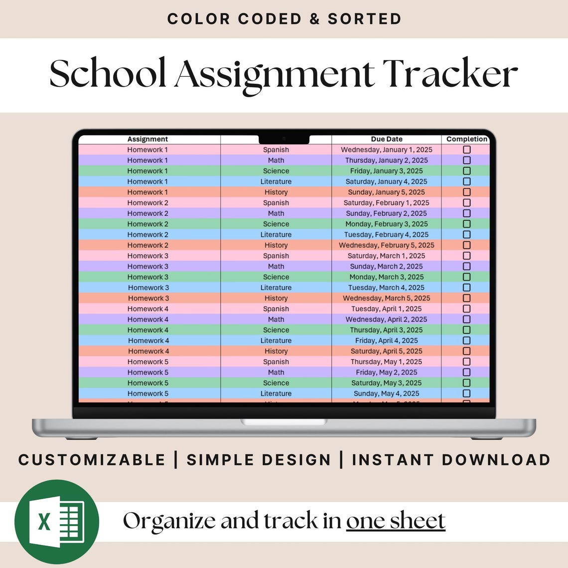 School Assignment Tracker: Color-coded Excel Spreadsheet (digital ...