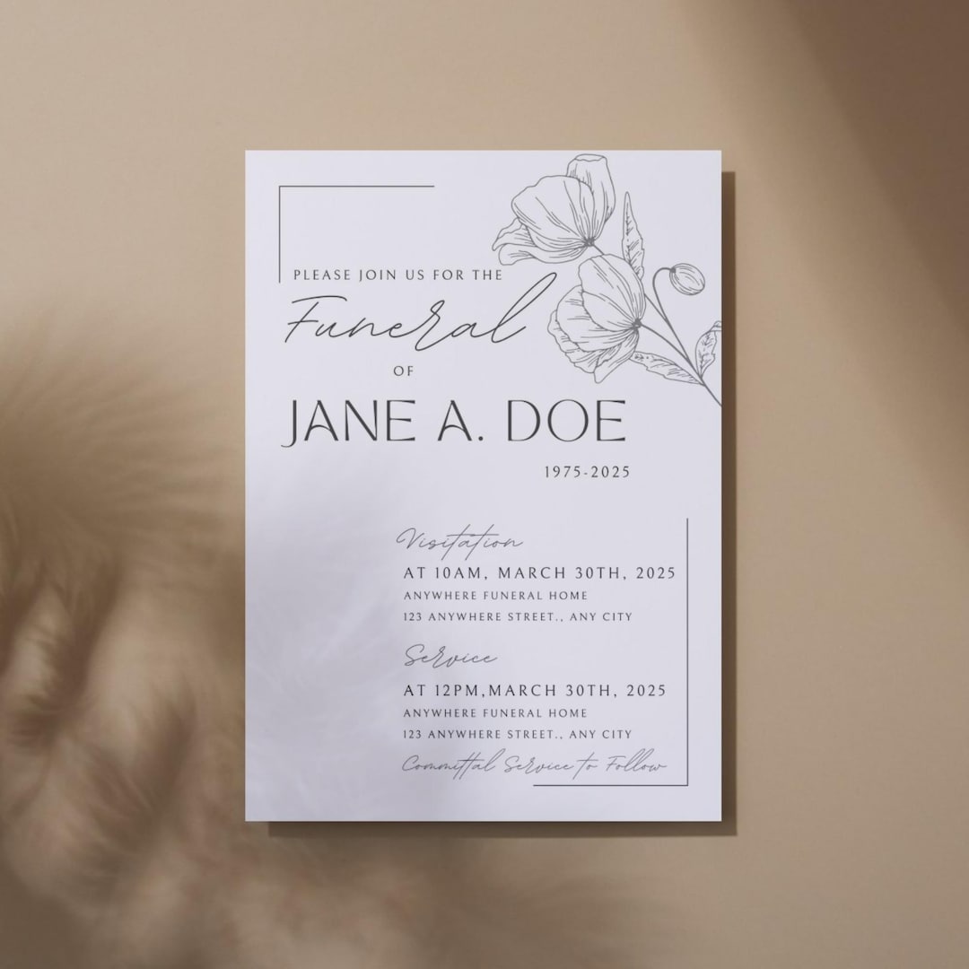 Editable Funeral Invitation Template, Funeral Announcement, Celebration ...