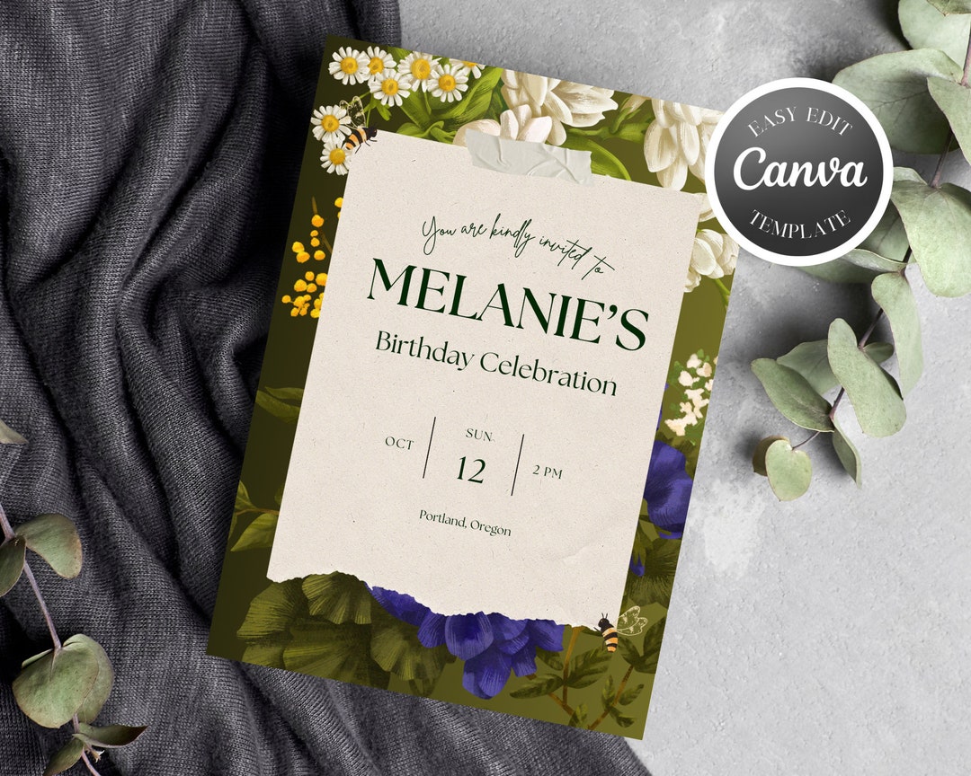 Green Floral Bright Birthday Invite, Invitation Card, Botanical, Botany ...