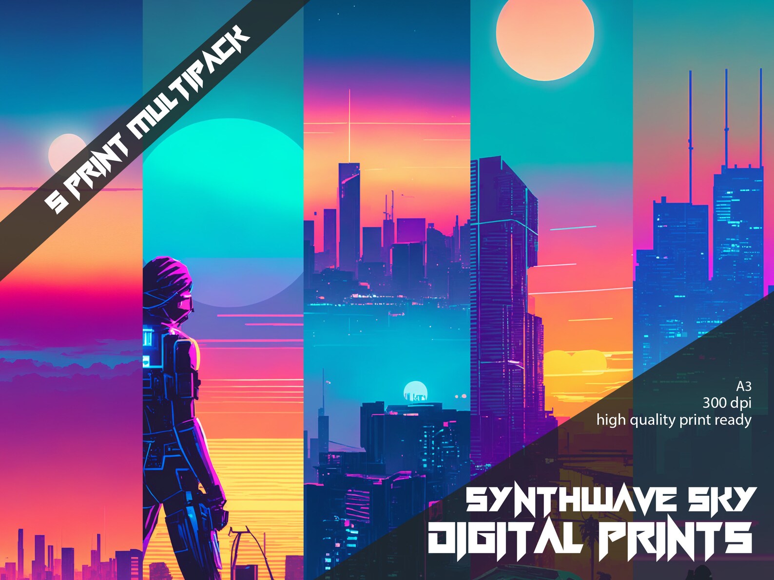 Synthwave Sky 1 Neon 80's Digital Print Digital Downloads Print Pack ...