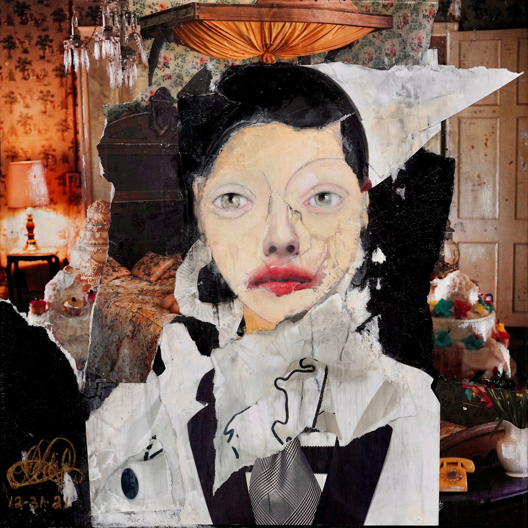 Canvas Stretched Art, Wednesday Adams Inspired Mixed Media Collage Oil ...