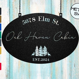 Custom Metal Cabin Address Plaque Personalized Hanging Oval House Name ...