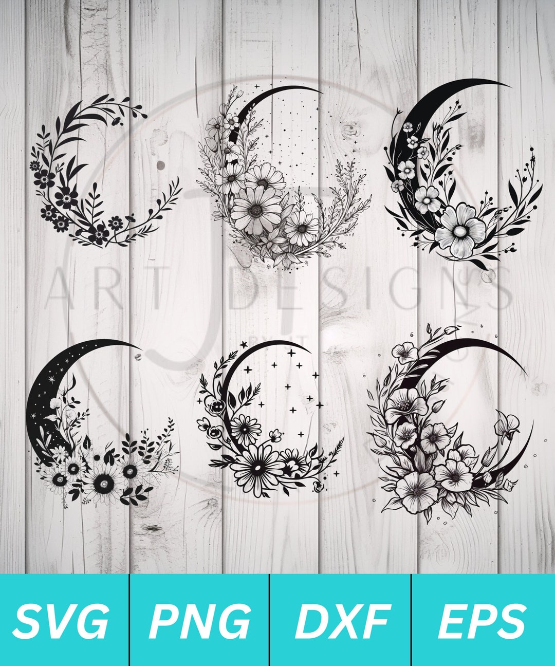 Floral Moon SVG for Cricut Silhouette Etc. SVG PNG Dxf Eps Files ...