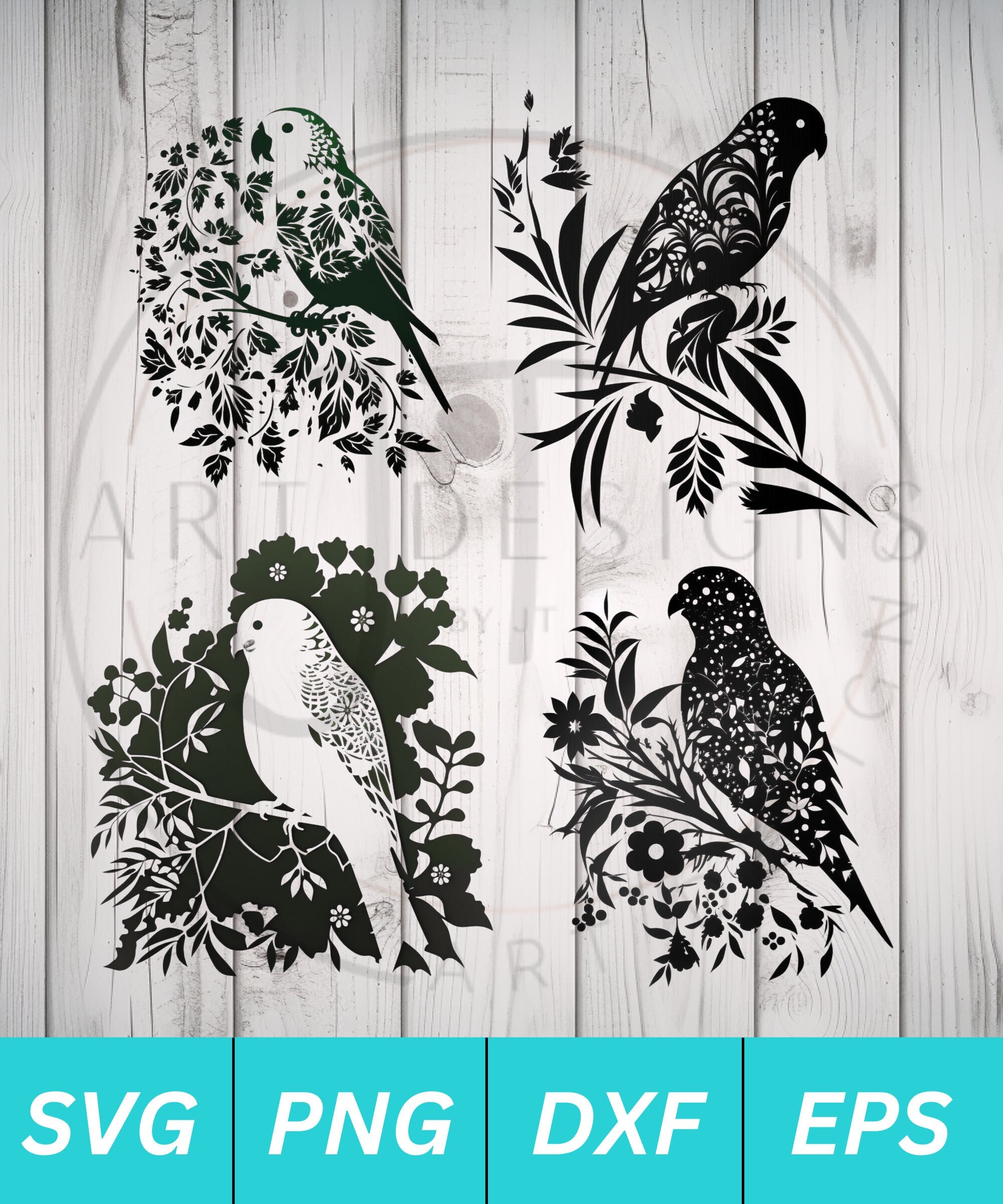 Floral Parakeet SVG for Cricut Silhouette Etc. SVG PNG Dxf Eps Files ...
